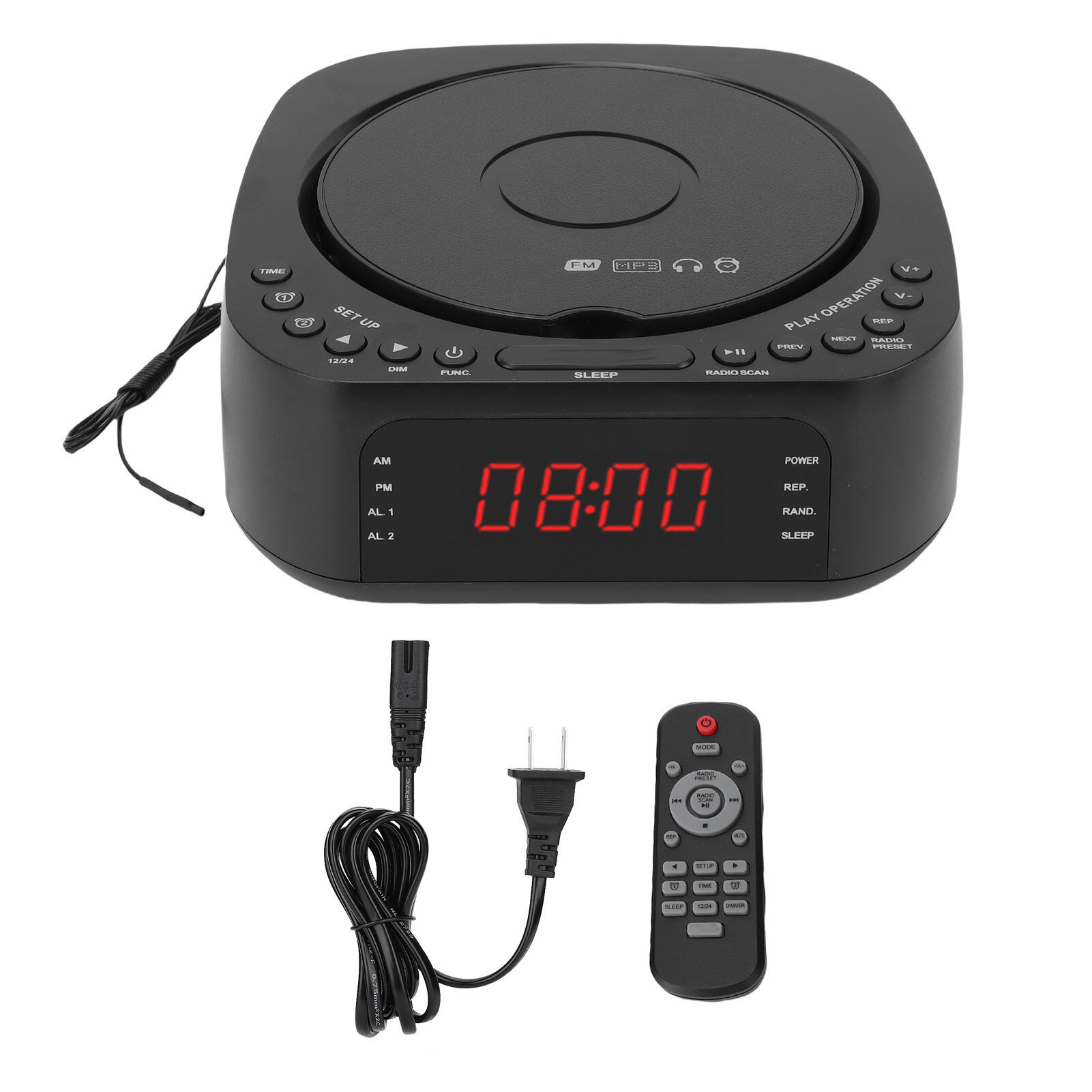 CD Player Alarm Clock USB Charging Dimmable Display Desktop Bluetooth Radio CD Player with Speaker Remote Control for Bedroom US Plug