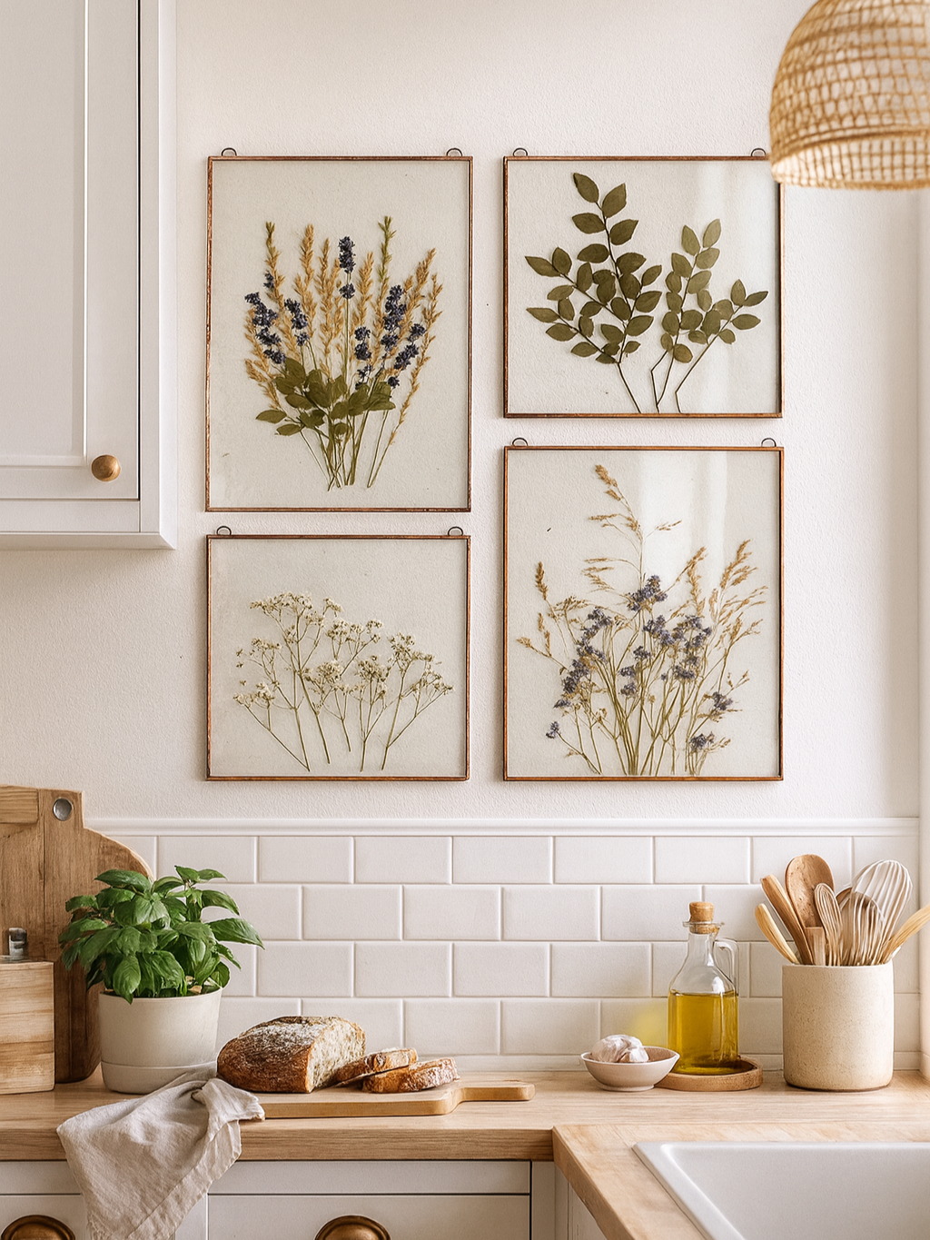 Настенное стеклянное панно из сухоцветов (набор из 3 шт) в чёрной раме триптих ручной работы в стиле ваби-саби