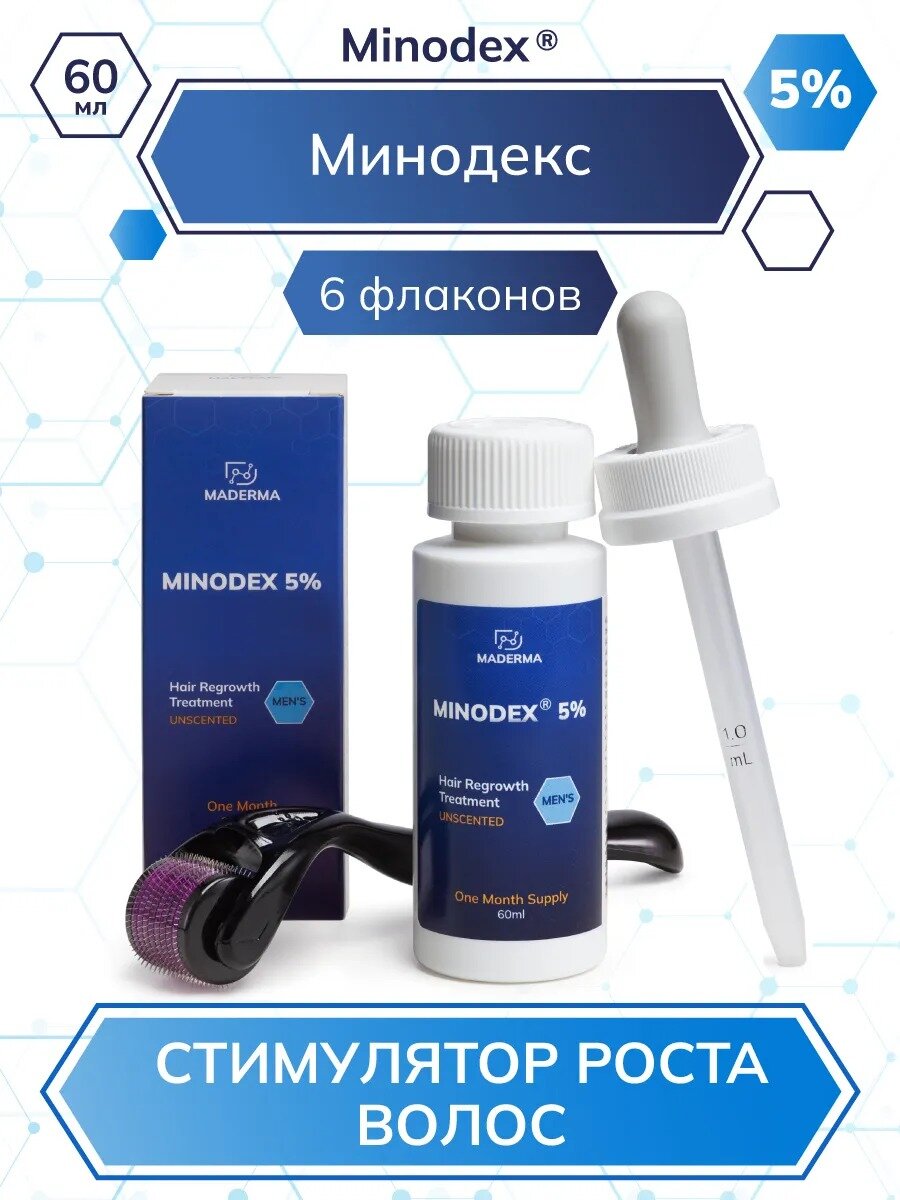Minodex 5% лосьон сыворотка для роста волос и бороды, лосьон активатор волосяных фолликулов, 6х60 мл + мезороллер