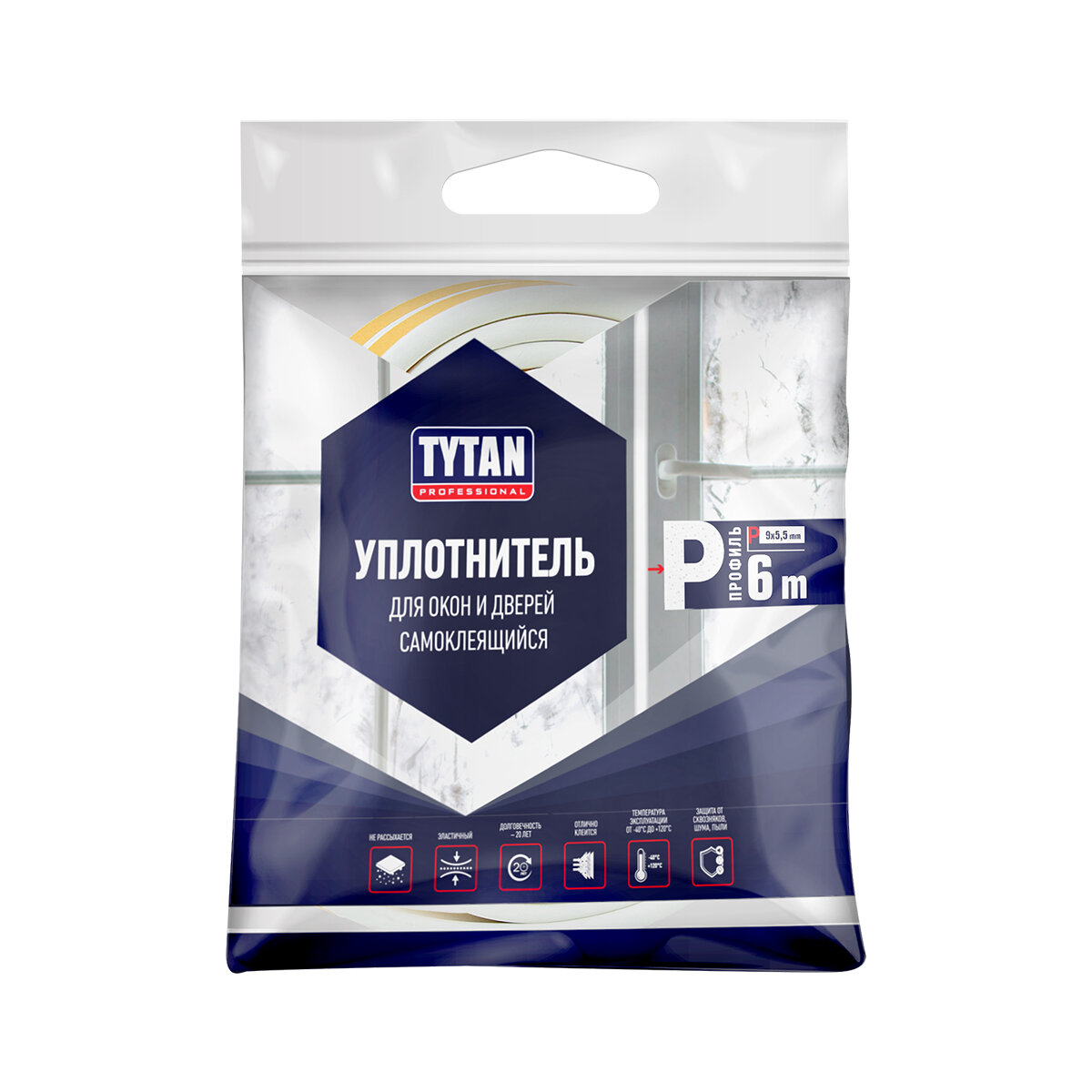 Уплотнитель для окон и дверей Tytan P 9 x 5,5 мм, белый, 6 м, "Professional"