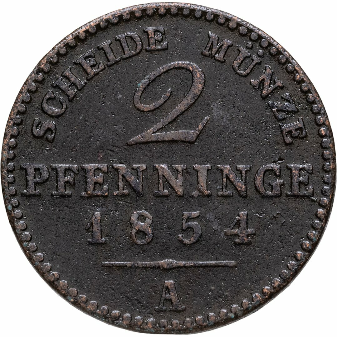 Пруссия 2 пфеннинга 1854, Медь, в сохранности VF