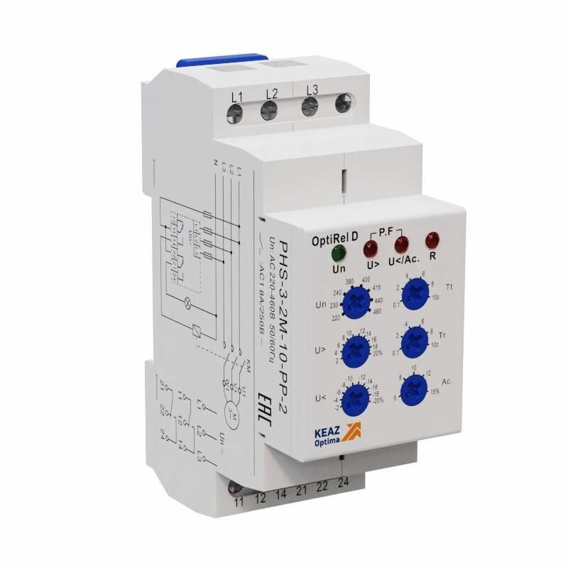 Реле контроля фаз КЭАЗ трехфазное, 2 переключающих контакта, универсальное