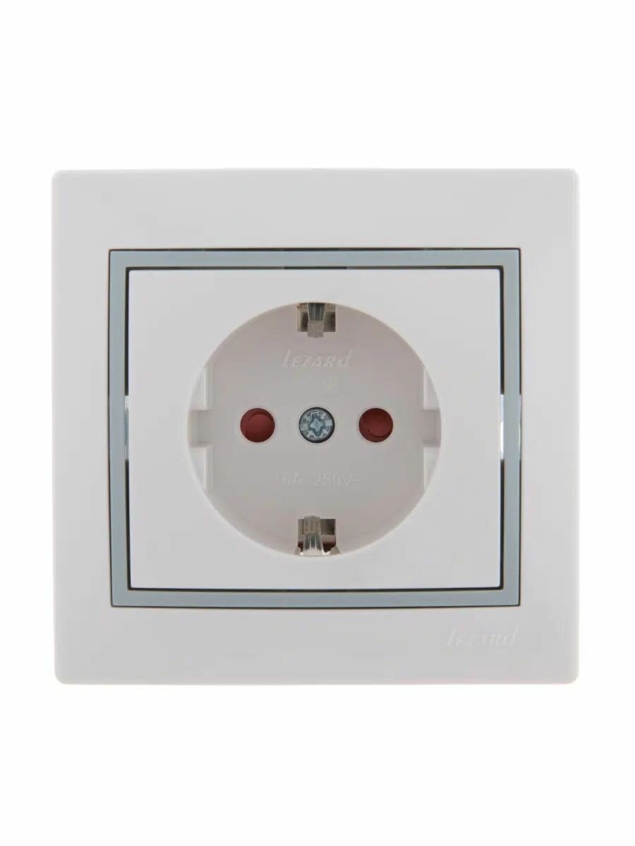 Розетка 1-м СП Mira 16А IP20 с заземлением защ. шторки с серой вставкой керамика белый LEZARD 701-0215-124