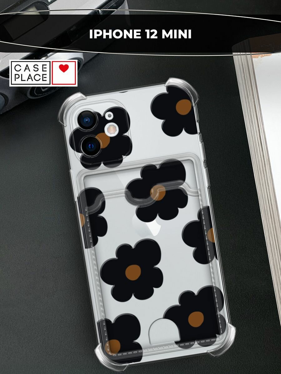 Чехол на Apple iPhone 12 mini (Айфон 12 Мини) с картой и принтом Много темных цветочков