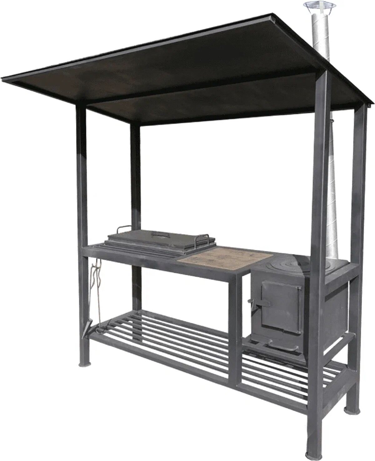 Мангал Лофт с крышей "AL–1" с печью, дымоходом и крышкой на жаровню