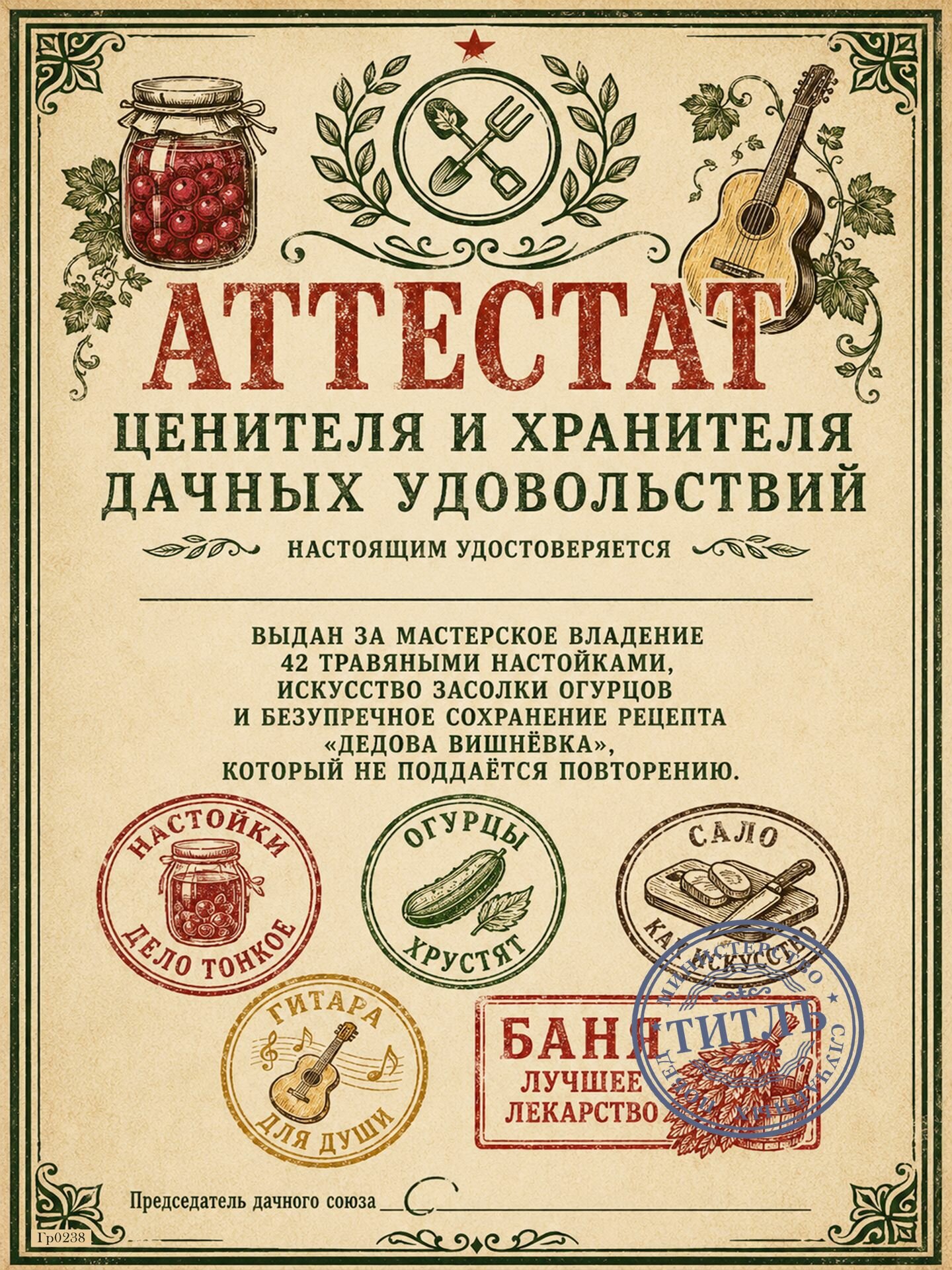 Аттестат дачника прикольный подарок с юмором А4
