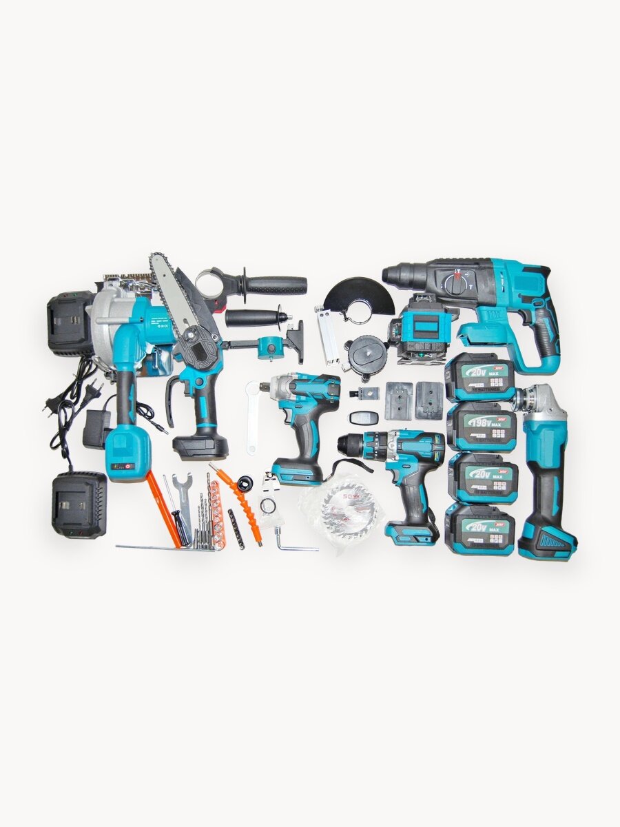 Аккумуляторный набор электроинструментов 7в1, бесщеточный,18В, 4 АКБ, 2 ЗУ, кейс