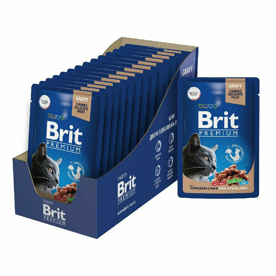 Brit Premium паучи для взрослых стерилизованных кошек с куриной печенью кусочки в соусе - 85 г х 14 шт