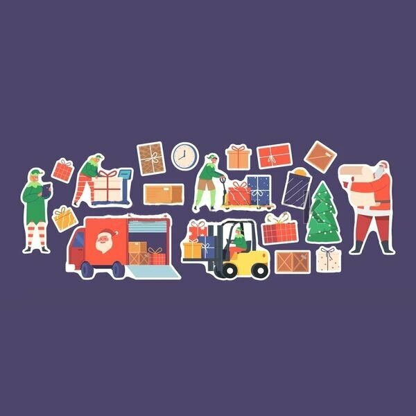 Наклейки стикеры Новогодняя работа эльфов и Санты Клауса