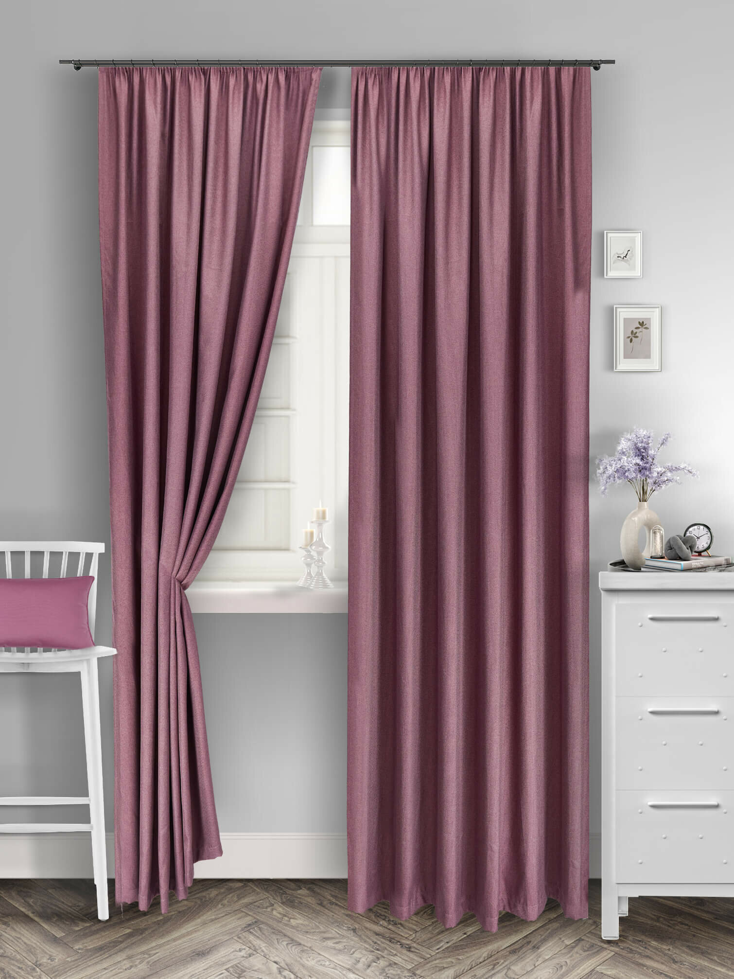 Комплект штор для комнаты блэкаут рогожка , две портьеры общей шириной 300 см и высотой 250 см, брусничный цвет