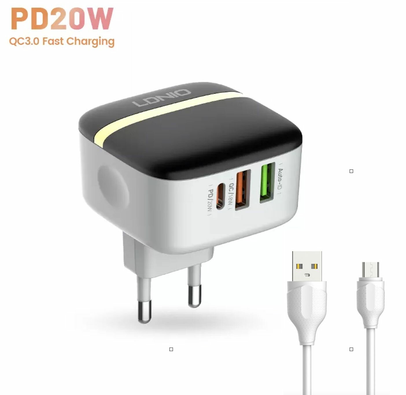 Зарядное устройство LDNIO A3513Q/QC3.0 18 Вт/PD 20 Вт/ кабель micro USB в комплекте, черный, белый
