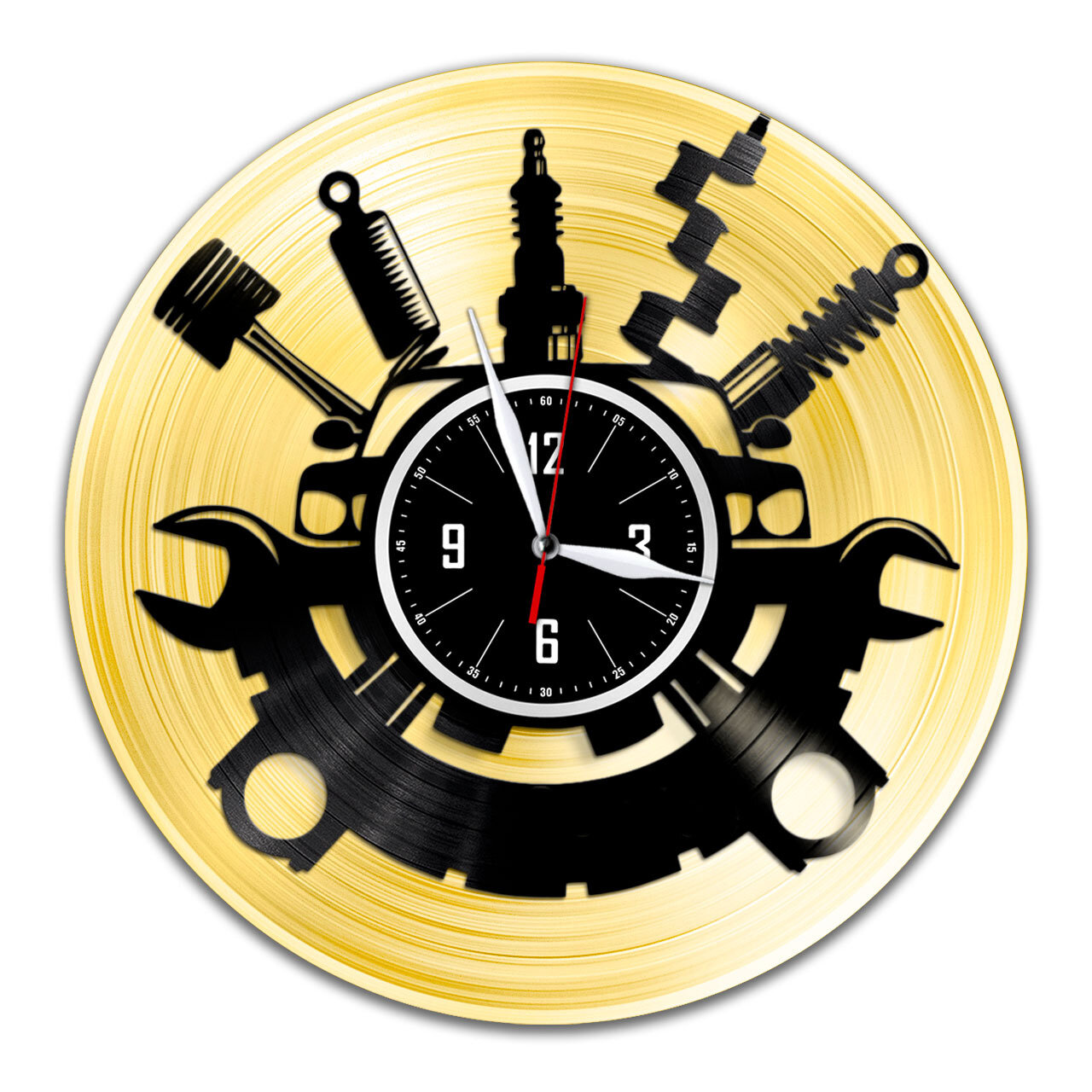 Автосервис - настенные часы из виниловой пластинки (с золотой подложкой)