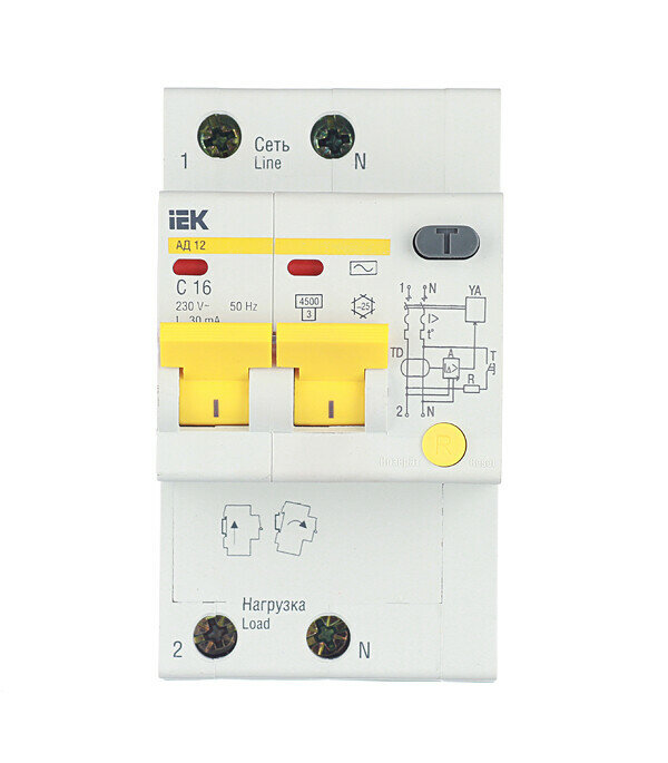 Автомат дифференциальный IEK Karat АД-12 16А 1P+N тип AC 30 мА 4,5 кА (MAD10-2-016-C-030) IEK MAD10-2-016-C-030