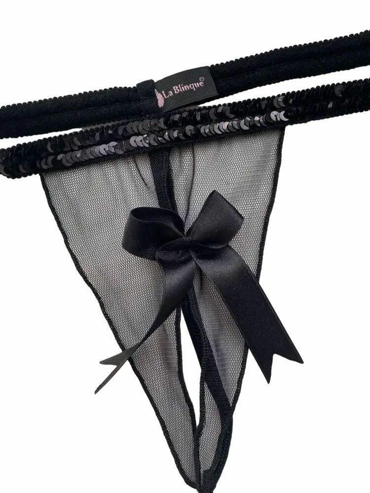 Сексуальные трусики-стринги с пайетками на поясе и бантом, La Blinque, черный, L-XL
