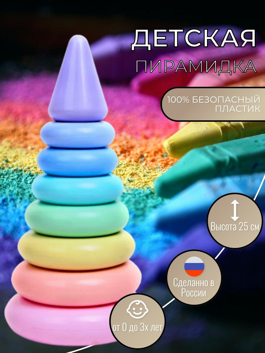 "Пирамидка для детей" - пластиковая игрушка на 7 колец нежных цветов