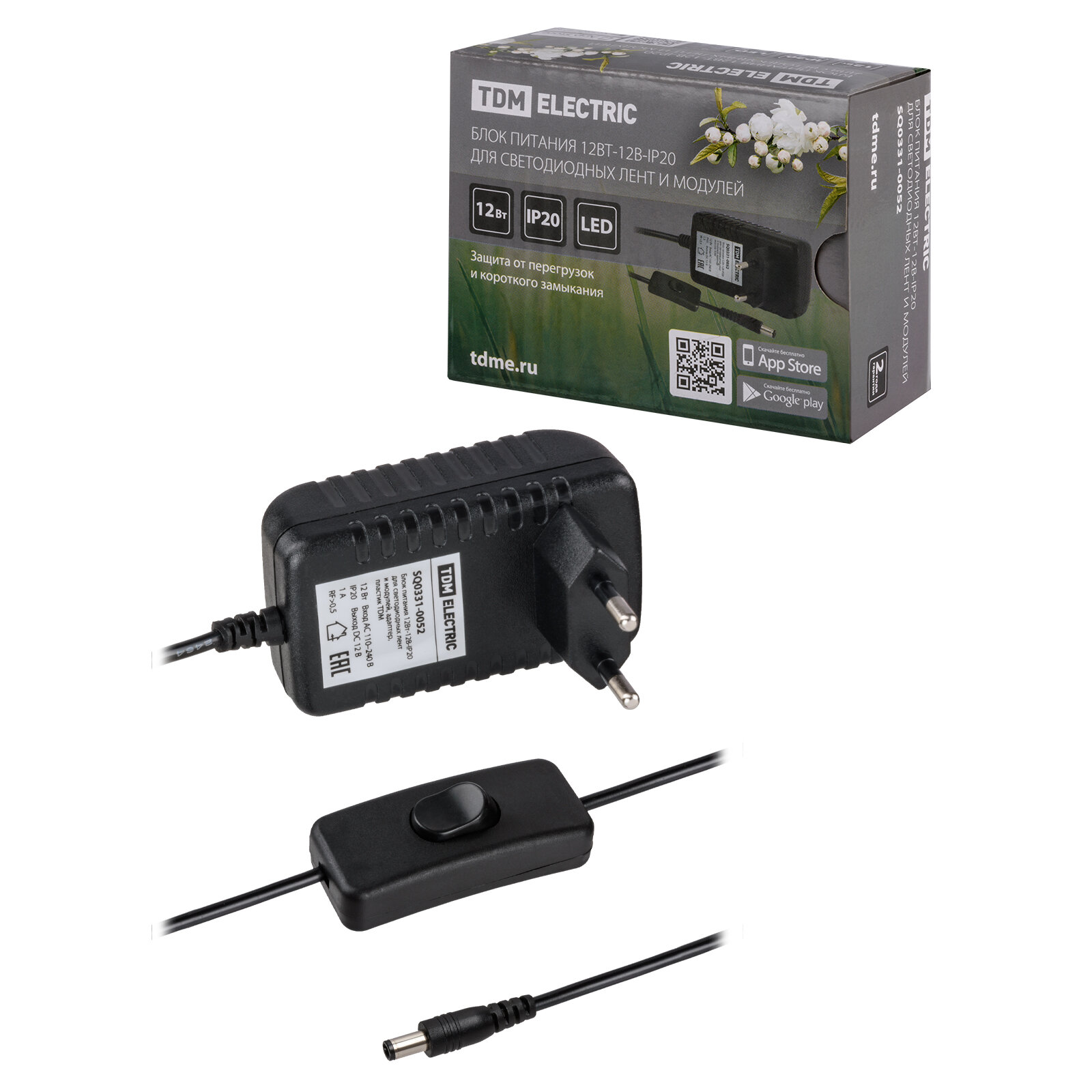 Блок питания 12Вт-12В-IP20 для светодиодных лент и модулей, адаптер, пластик, TDM SQ0331-0052 (1 шт.)