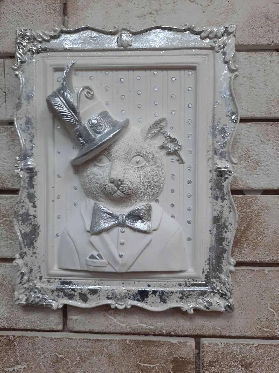 Декоративное панно на стену Кот / Украшение настенное интерьерное (серебро)