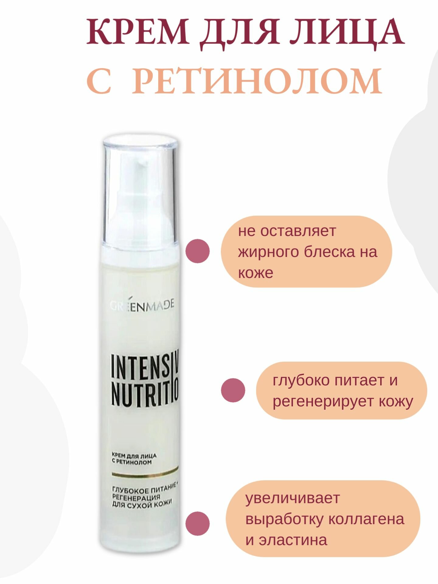 Greenmade Крем для лица с ретинолом Глубокое питание и регенрация для сухой кожи Intensive Nutrition, 50 мл.