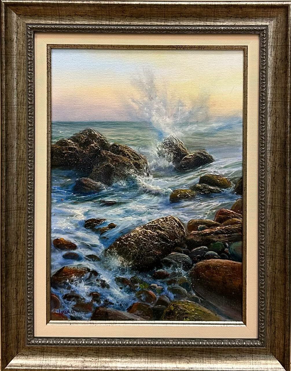 Картина маслом, морской пейзаж "Морской прибой на закате"