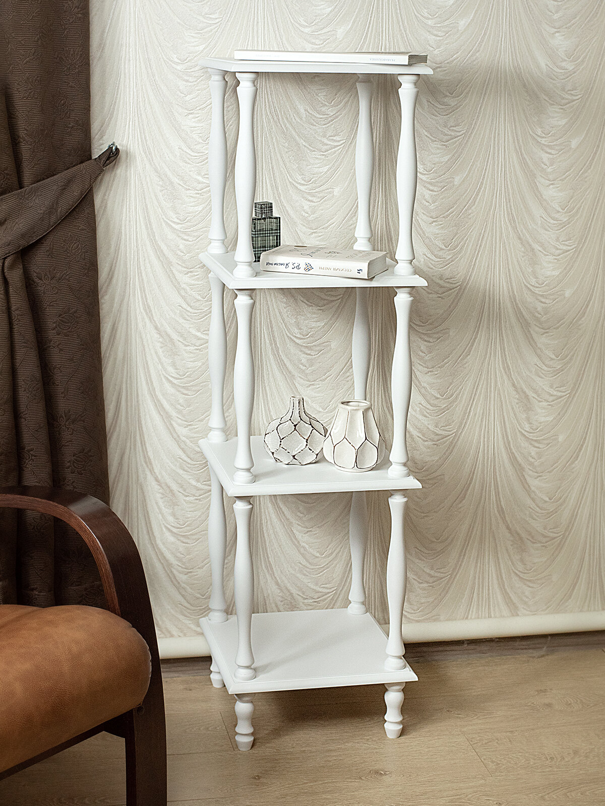 Этажерка Мебелик П 8 напольная, 4 полки, для гостиной, цвет белый