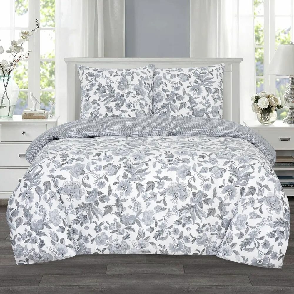 Комплект постельного белья АртПостель "Бельканто", 2 спальный с Евро простыней, бязь, серый, растительный орнамент