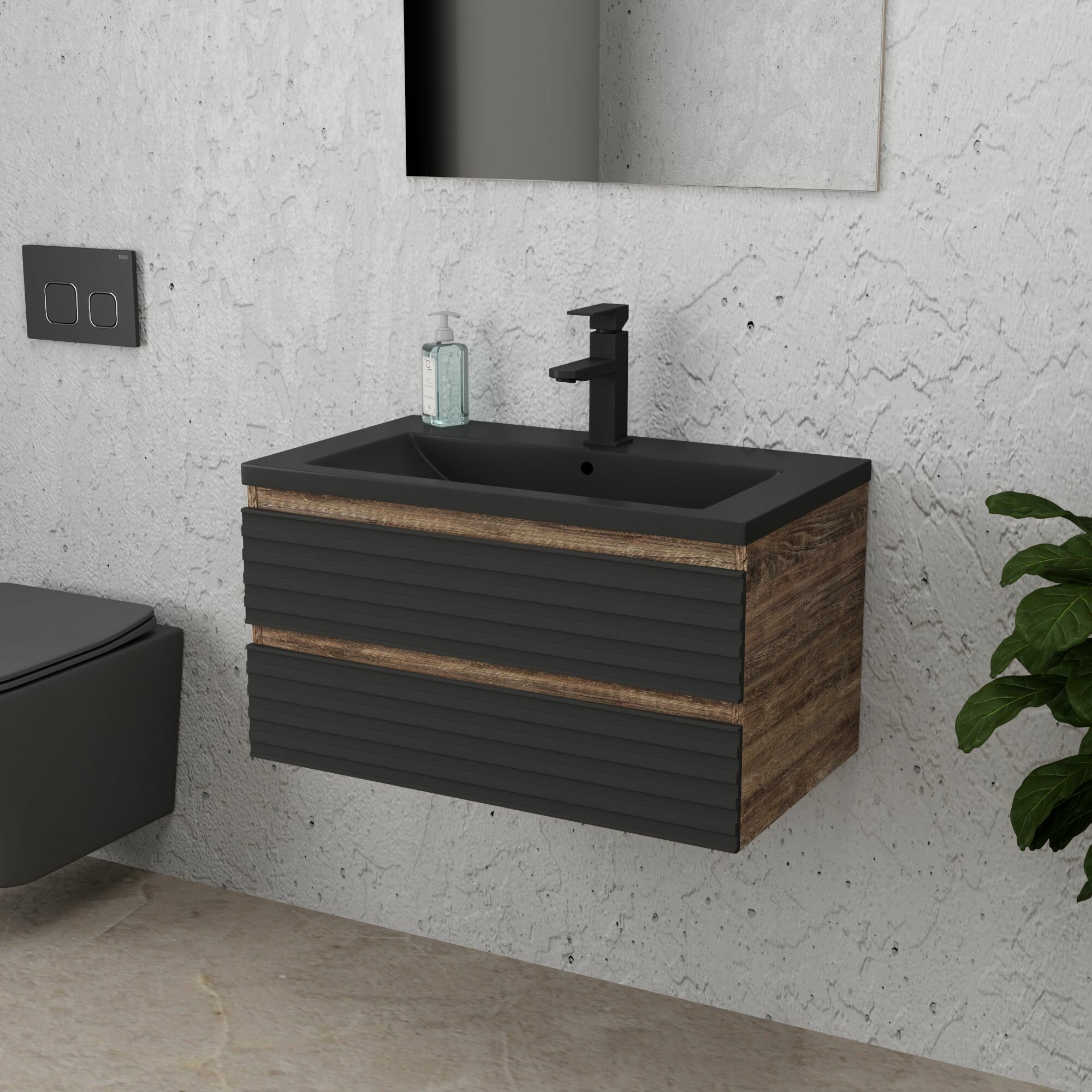 Тумба под раковину Bau Stil Loft black brushed, раковина кварцевая BAU Stil 75, черный металлик, смеситель Hotel Black, черный