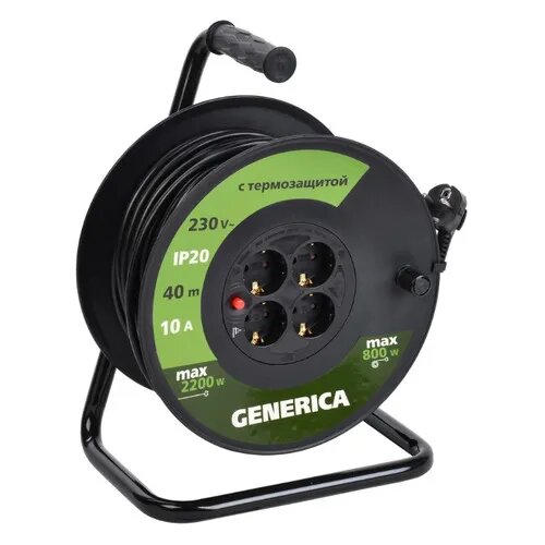 Удлинитель силовой IEK GENERICA УК40, розеток 4шт, 3x1.0 кв. мм, 10A, 40м, ПВС, катушка, черный [wkp10-10-04-40-g]