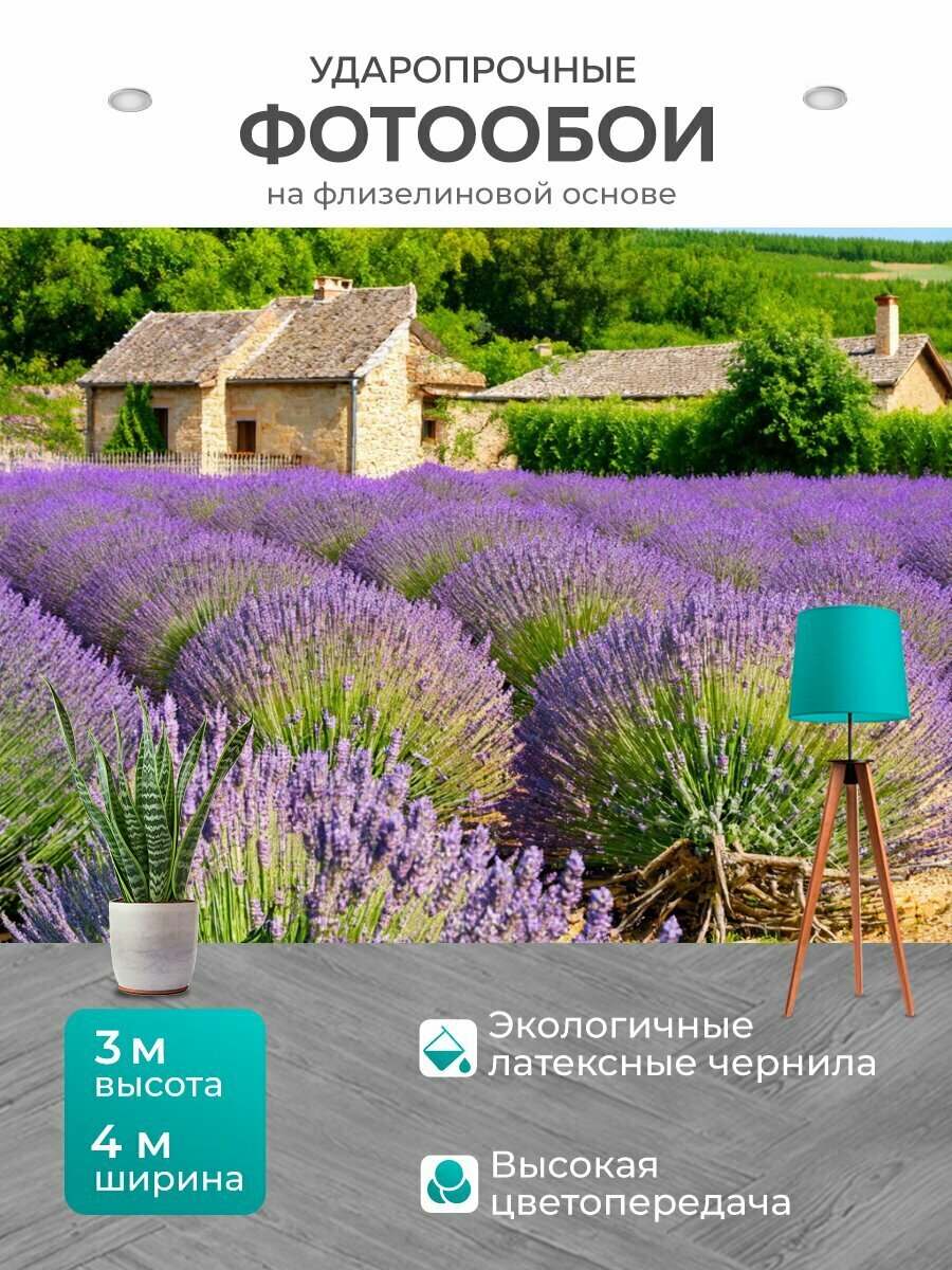 Фотообои моющиеся ударопрочные на кухню "В стиле прованс с полями лаванды и уютными деревенскими домиками" 400x300 см. флизелиновые на стену