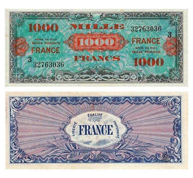 1000 франков 1945 Франция, вторая серия военный франк, сувенирная копия, банкноты и купюры редкие коллекционные