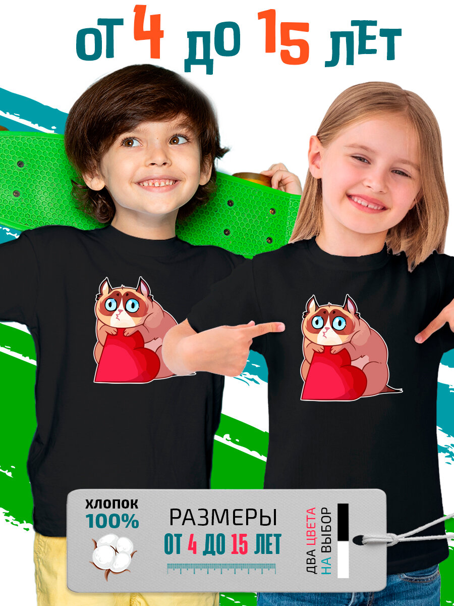 Футболка детская с мемным котом и сердечком