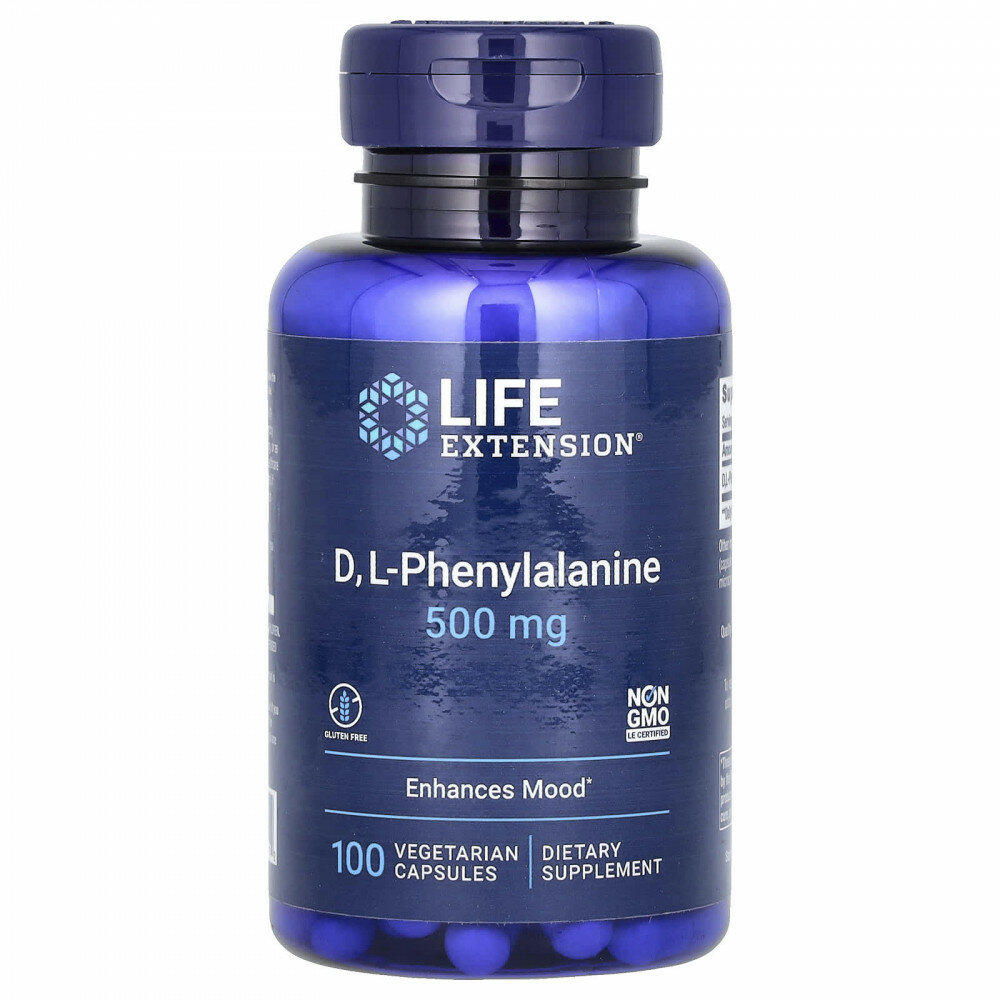Life Extension, D, L-фенилаланин, 500 мг, 100 вегетарианских капсул