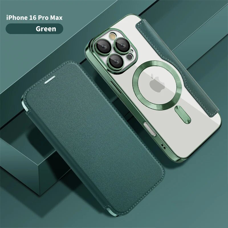 Кожаный чехол-флип с покрытием для iPhone 17 Pro, 16, 15, 14, 13, 12 Pro Max, магнитный, для беспроводной зарядки MagSafe, защитный чехол