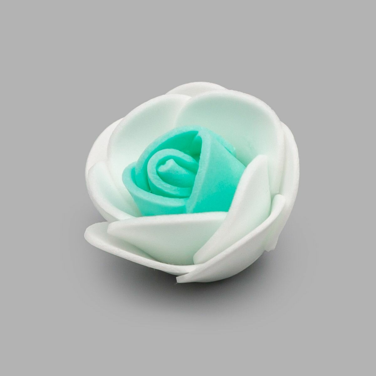 25150 Цветочек 'Розочка' из фоамирана 38мм, упак(8шт), цв. белый/зелёный/бирюзовый