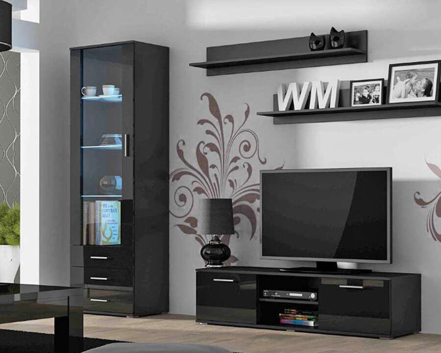 Гостиная Сохо 13 МДФ (черная) / Черный 0190 NEW 200x41x192 см, Фиеста