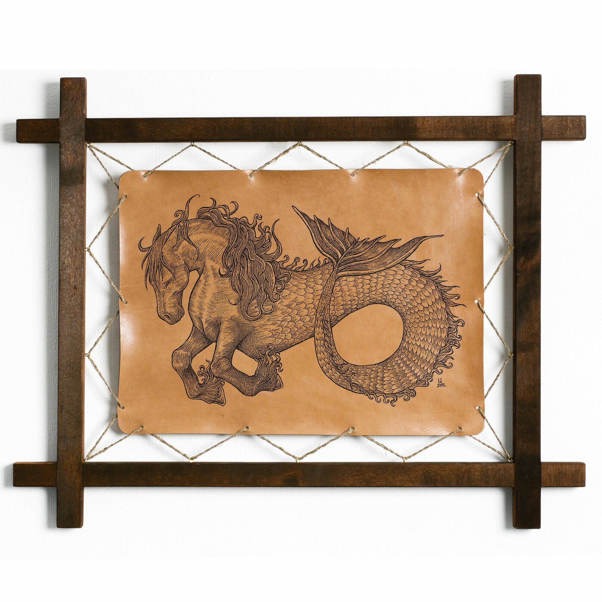 Картина интерьерная, натуральная кожа, "Гиппокампус", в деревянной раме, BoomGift