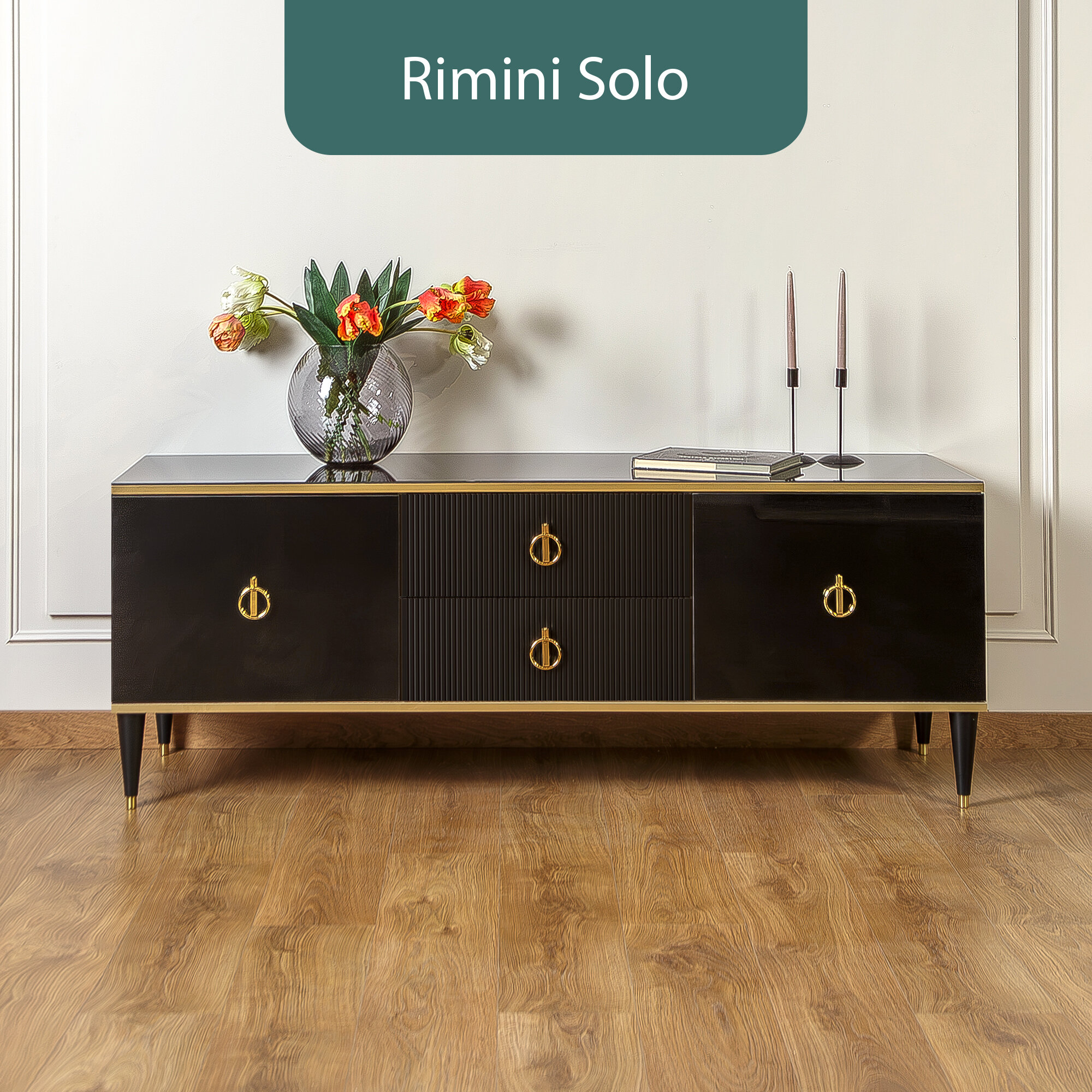 Тумба ТВ (2 двери и 2 фасада) Rimini Solo. Черный/золото