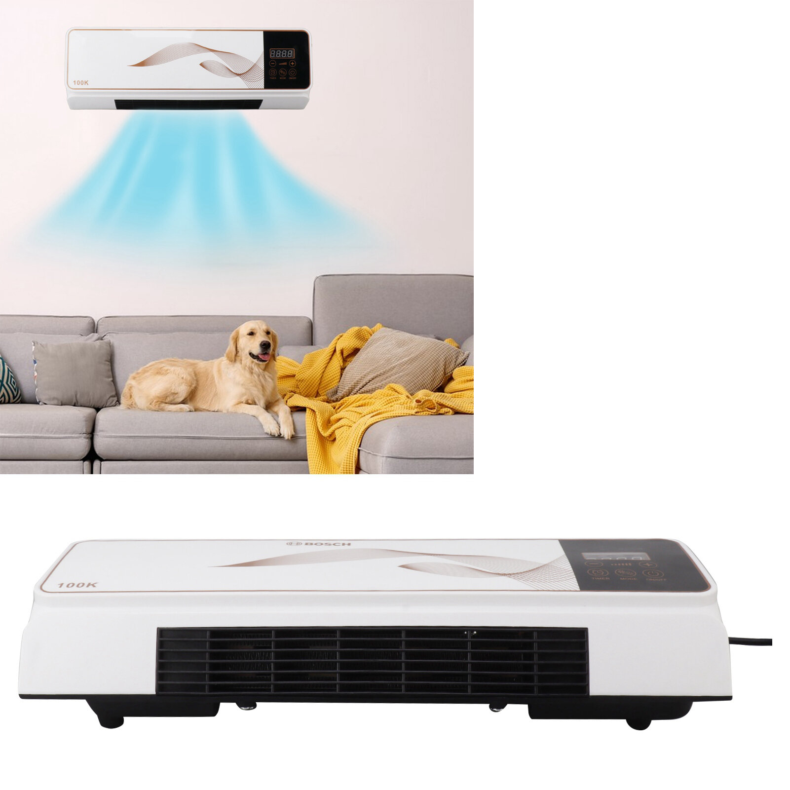 Электрический обогреватель вентилятор ABS PP настенный миниaturный обогреватель естественный ветер с пультом дистанционного управления для спальни ванной гостиной, материал ABS PP, вес 2180 г, размер 55x18.8x11.7 см, батарея пульта кнопочная 150 мАч,