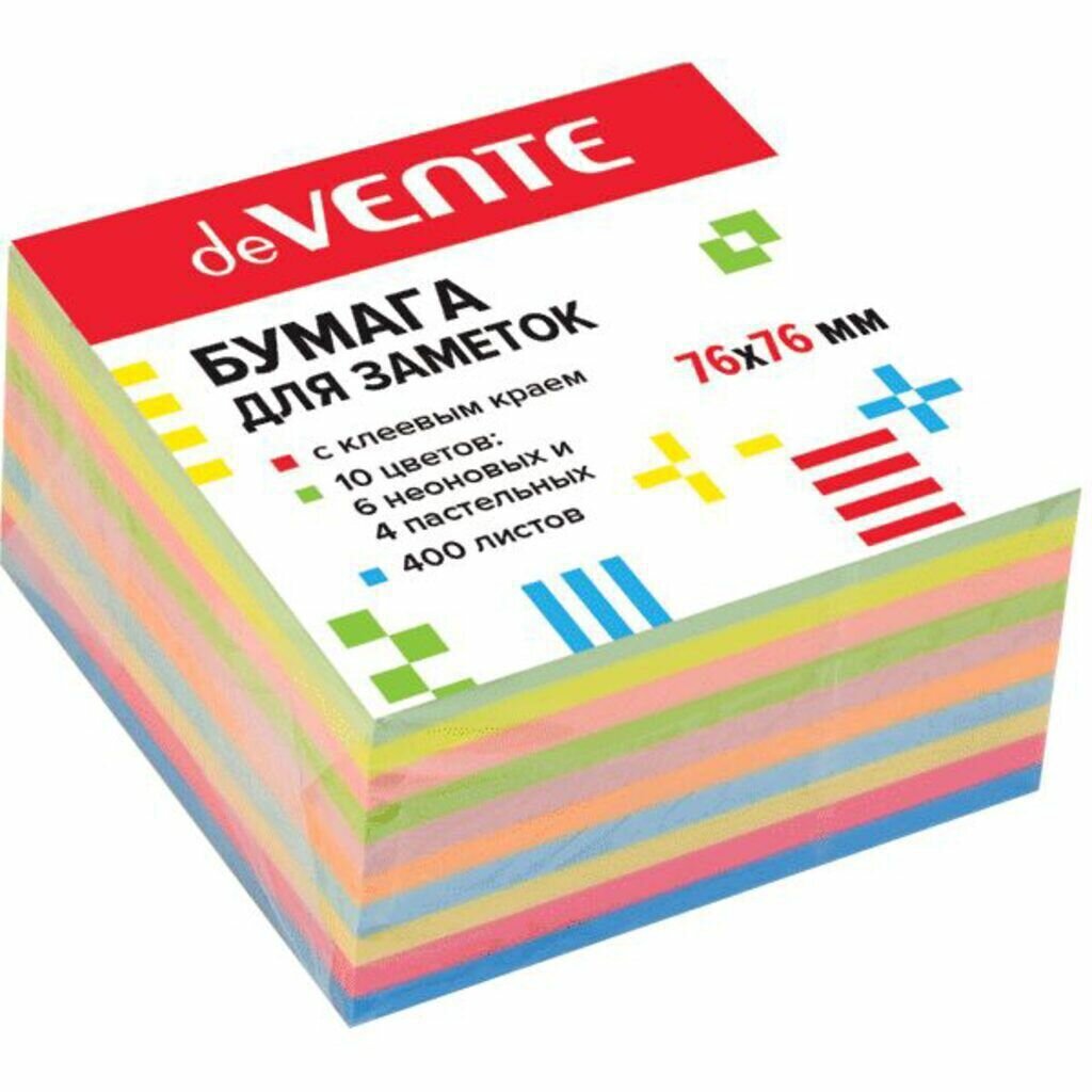 Бумага для заметок deVENTE С липким краем, 76х76 мм, 400 листов, 6 неоновых и 4 пастельных цвета