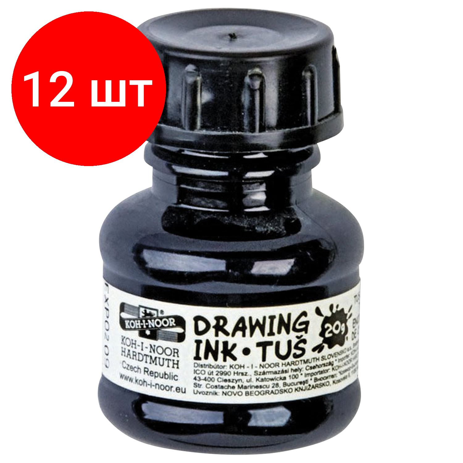 Комплект 12 шт, Тушь KOH-I-NOOR, черная, 20 мл, 0141701002LP