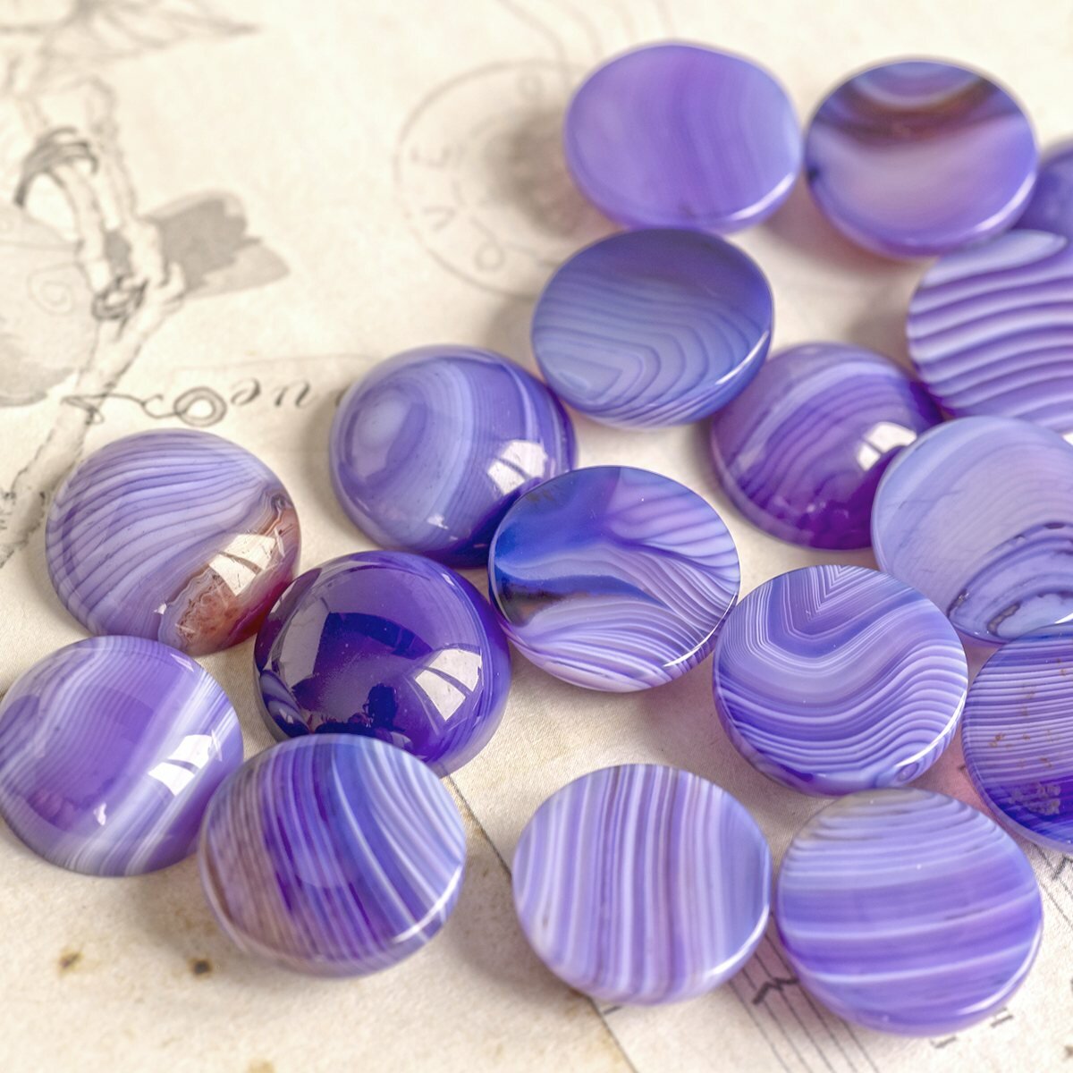 Кабошон Агат 2 шт, круглый, фиолетовый полосатый, 16x6 мм