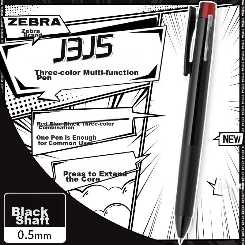ZEBRA Multi-Function Three-Color Gel Pen, Black/Blue/Red 0.5mm Retractable Multi-Color Pen, Student Business Office Signing Pen J3J5, Black Barrel