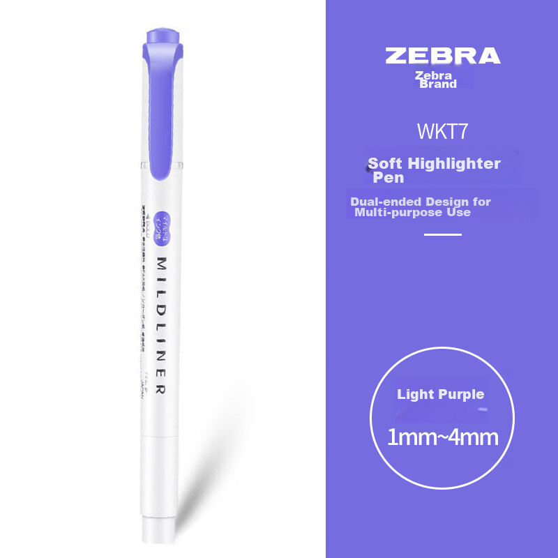ZEBRA Double-Ended Soft Highlighter, Mildliner Series Single Color Marking Pen, Student Marker, WKT7 Light Purple