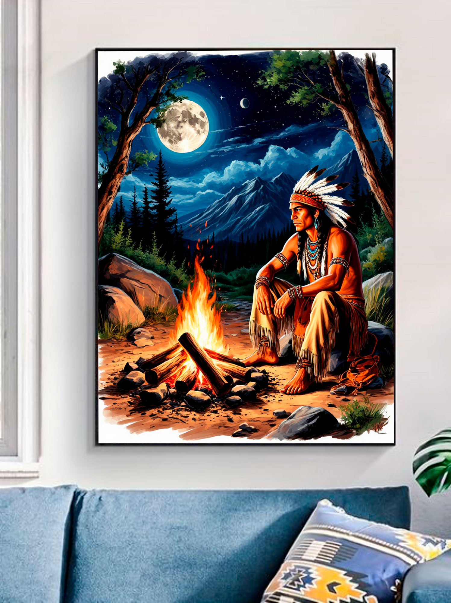 Картина на стену для интерьера "Индеец у костра" 40х50 см, холст на подрамнике, InterToys