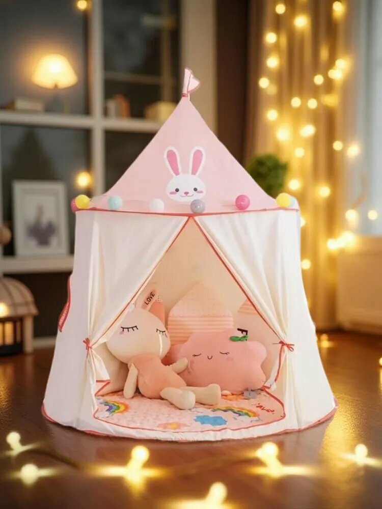 Детский игровой домик , палатка для дома и улицы девочке Вигвам розовый с гирляндой