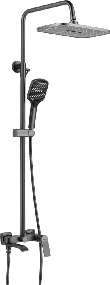 Душевая стойка Shevanik S4136T со смесителем, вороненая сталь, оружейная сталь, матовая, с тропическим душем, с изливом, с лейкой, душевая система, латунная, рычаг сбоку