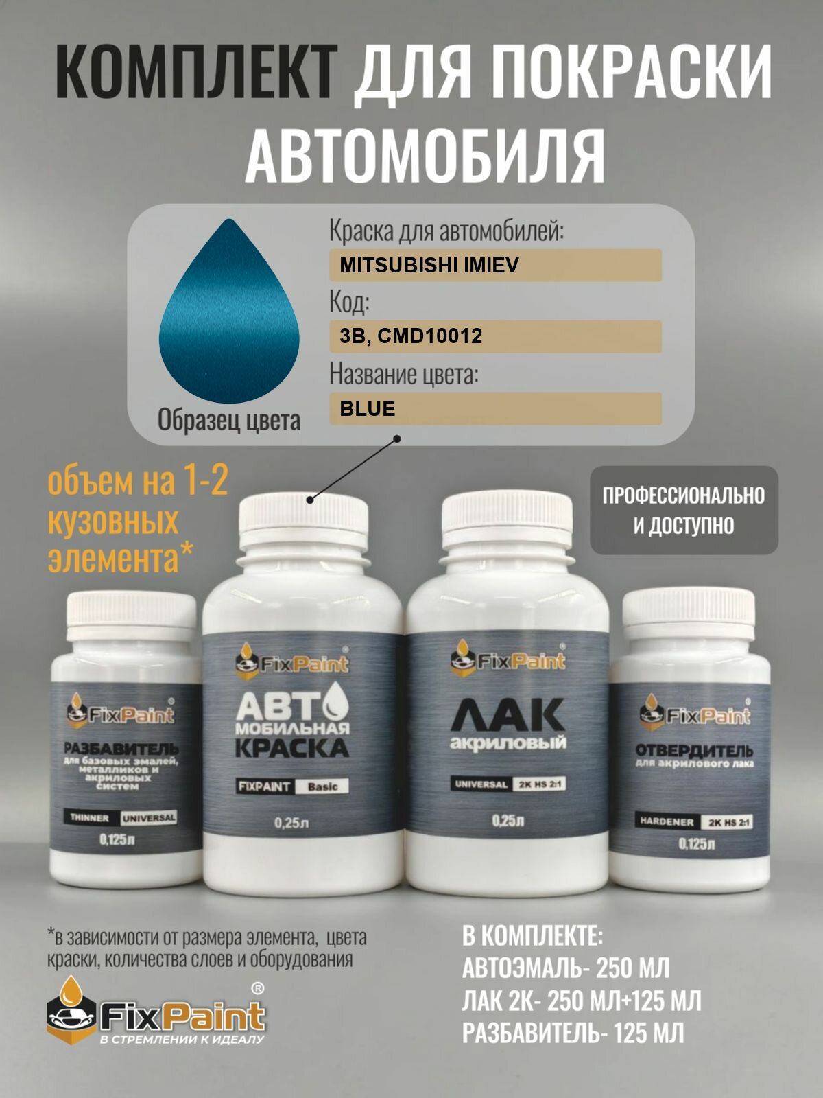 Комплект для покраски MITSUBISHI IMIEV, код 3B, CMD10012, BLUE, базовая автомобильная краска 250 мл, лак 2K 250 мл с отвердителем, разбавитель 125 мл, FixPaint Pro