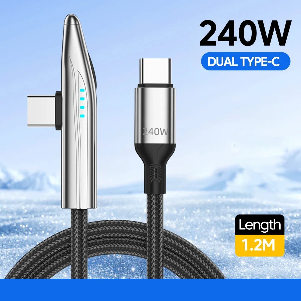 Elough 100 Вт 90 ° Угловой кабель USB C для быстрой зарядки, 240 Вт, кабель типа C к 1.2m C-C