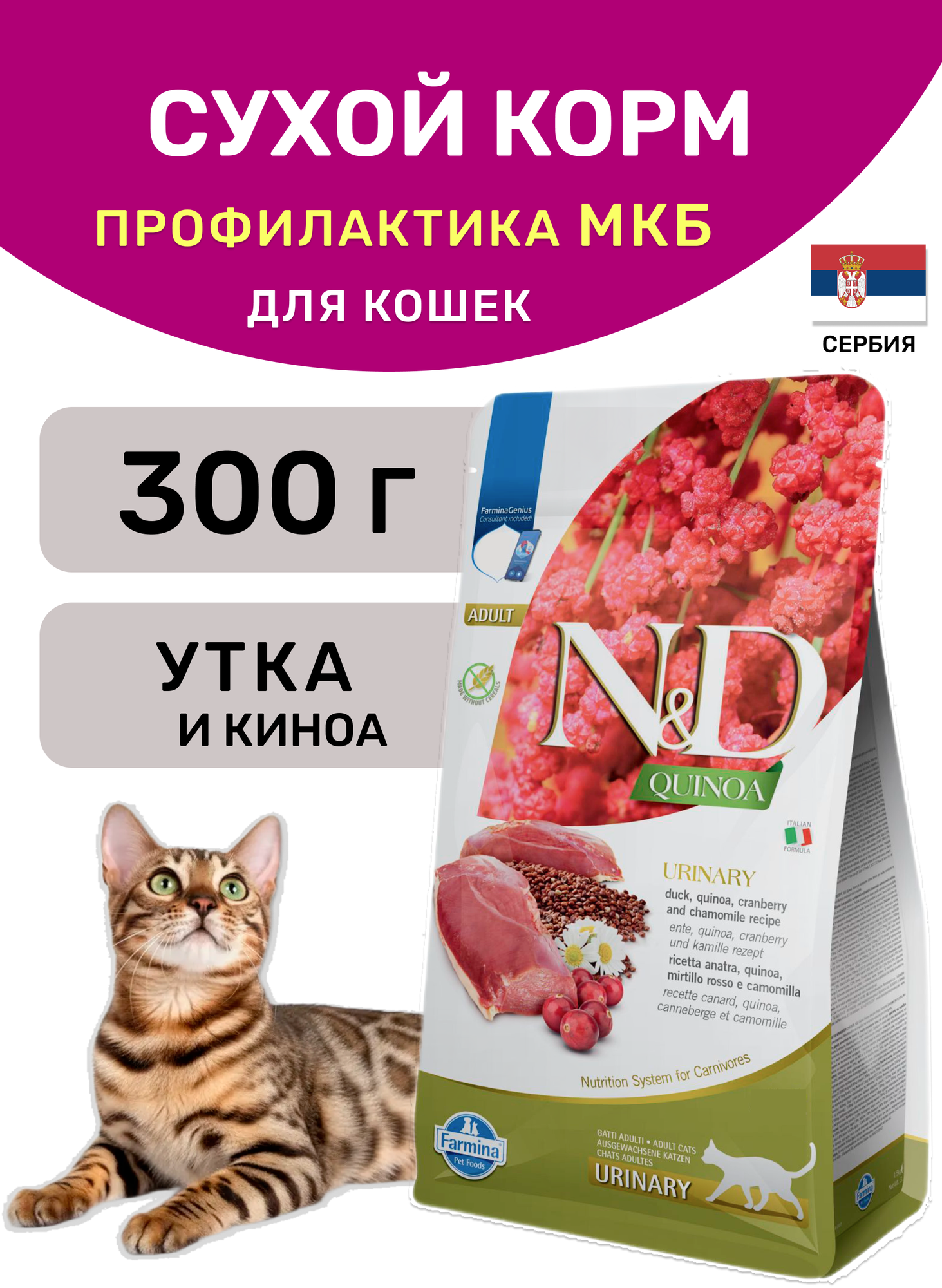Корм для кошек Farmina "N&D Urinary", для профилактики МКБ, утка/киноа, 300 г
