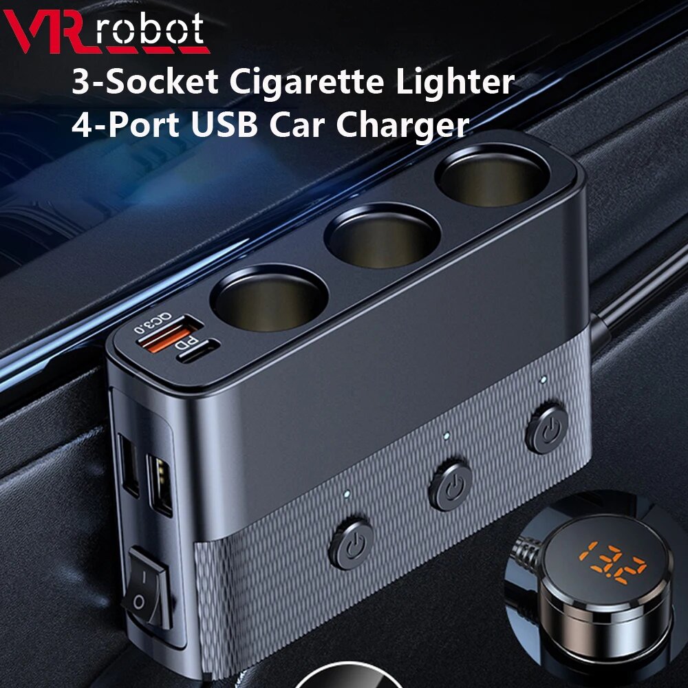 VR робот автомобильный прикуриватель разветвитель 128 Вт 12 В/24 В 3 розетки автомобильное зарядное устройство с независимыми переключателями быстрой зарядки PD/QC 3.0
