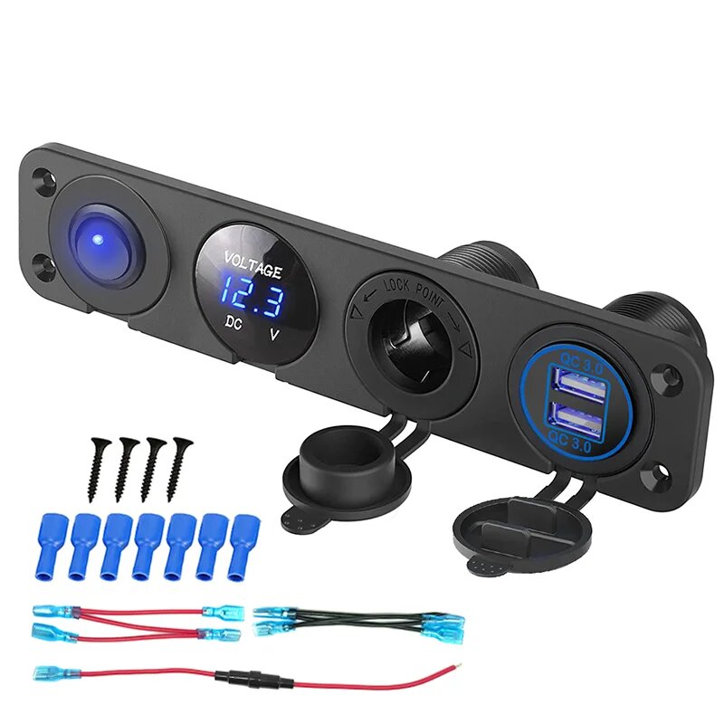 12 В, двойная USB-разъем для зарядного устройства, розетка QC3.0, зарядное устройство 4 в 1, панель прикуривателя, светодиодный вольтметр, кнопка включения и выключения, Blue set with wire